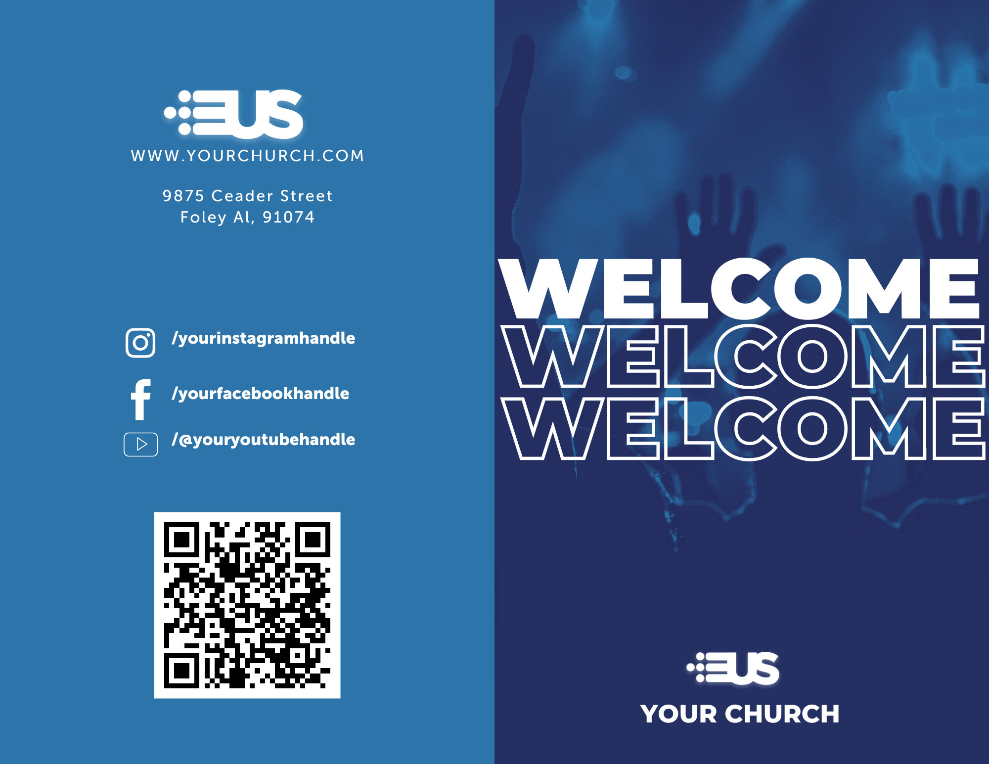 Church Bi Fold Brochure/worship Guide Canva Template. Blue Editable ...