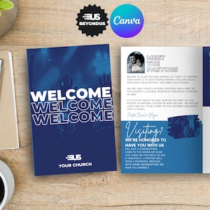 Church Bi Fold Brochure/worship Guide Canva Template. Blue Editable ...