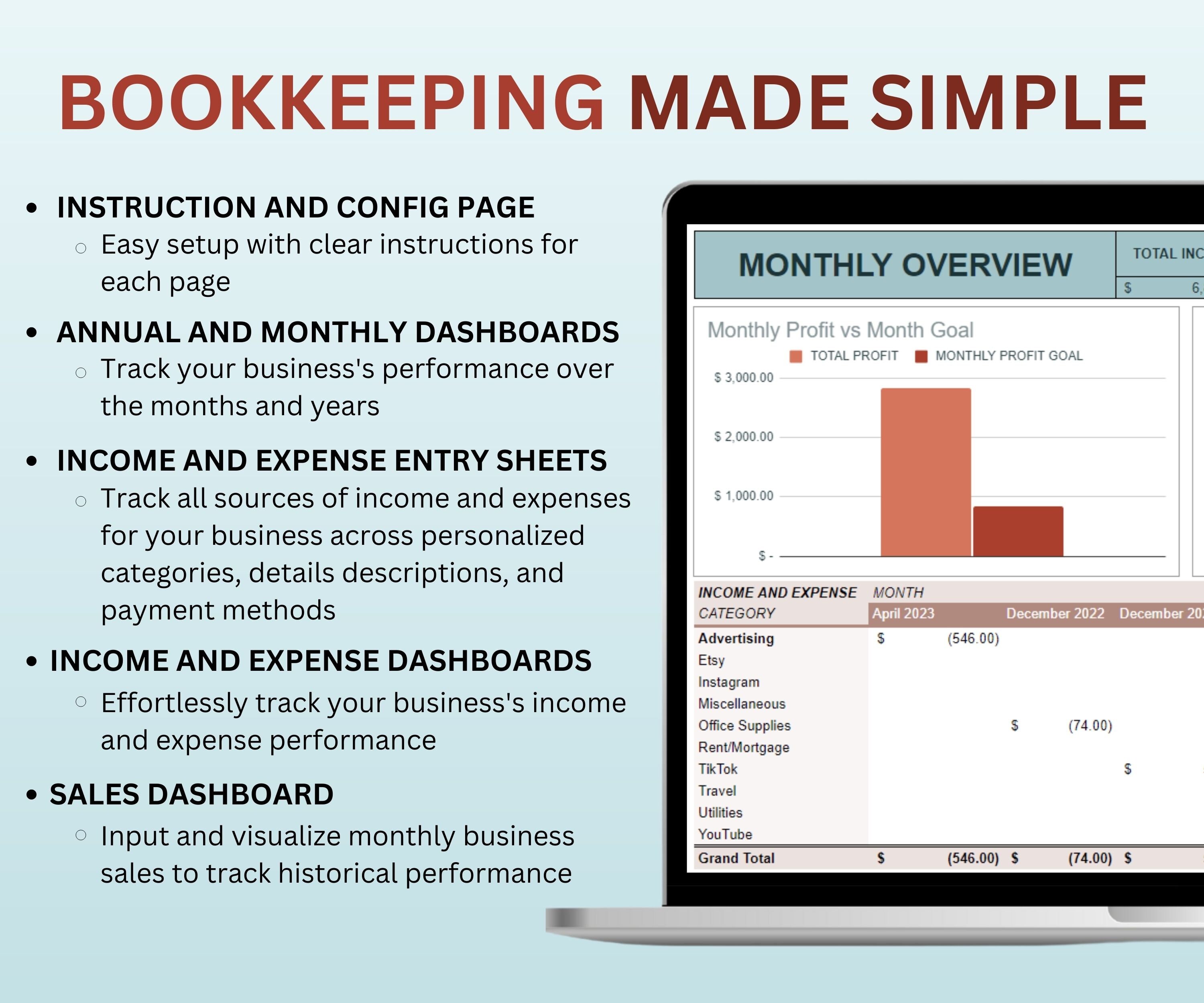 Small Business Expense Spreadsheet, Monthly Income and Expense ...