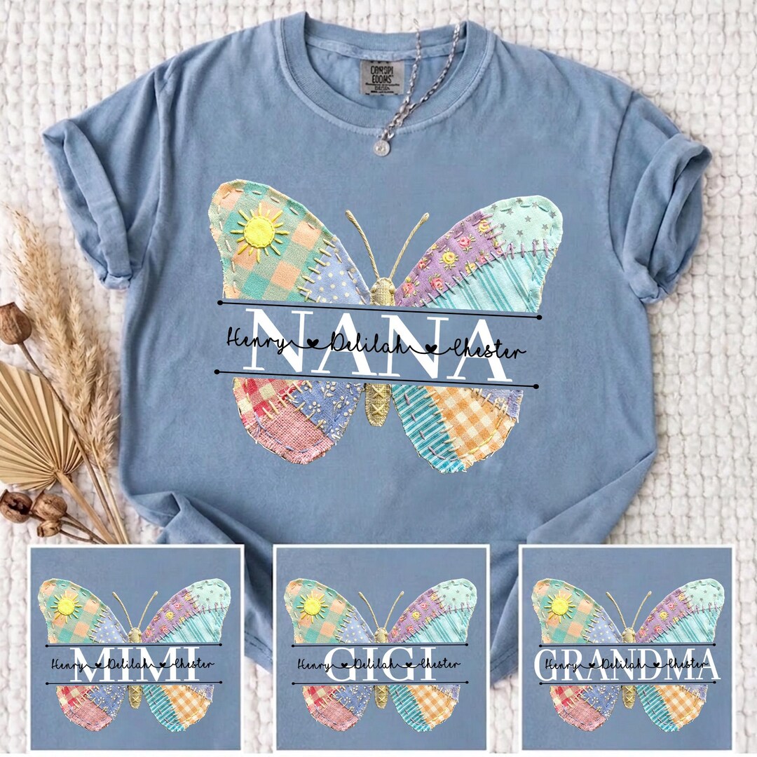Personalized Nana Faux Patchwork Shirt, Floral Butterfly With Kids ...