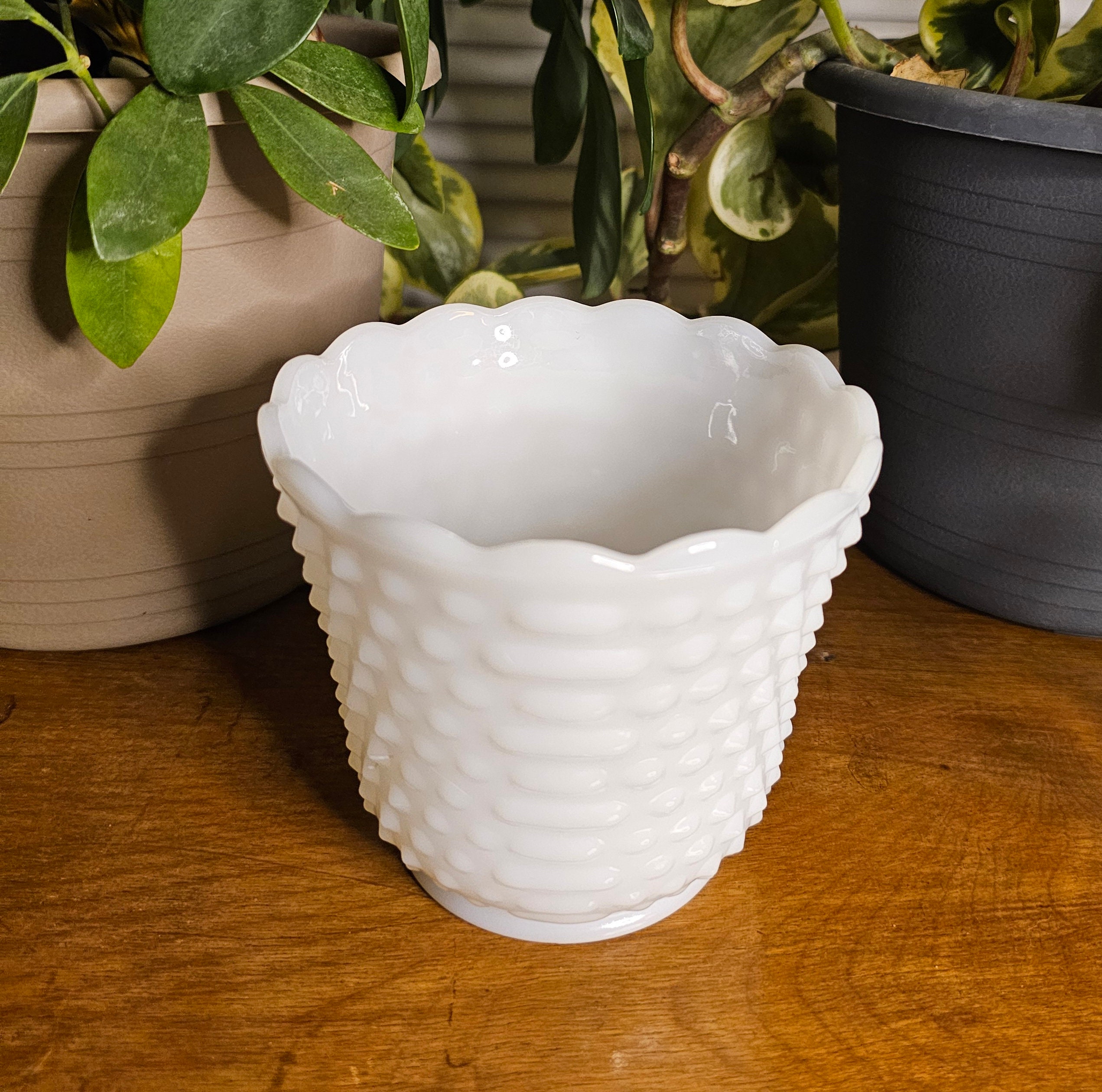 Vintage Fire King White Milk Glass Hob Nail Short Stubby Vase. Table ...