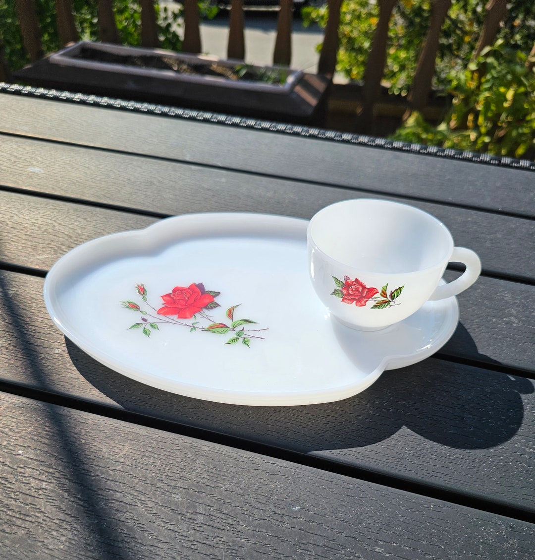 Rosecrest Vintage Milk Glass Red Rose Snack/sandwich Plate With Cup - Etsy