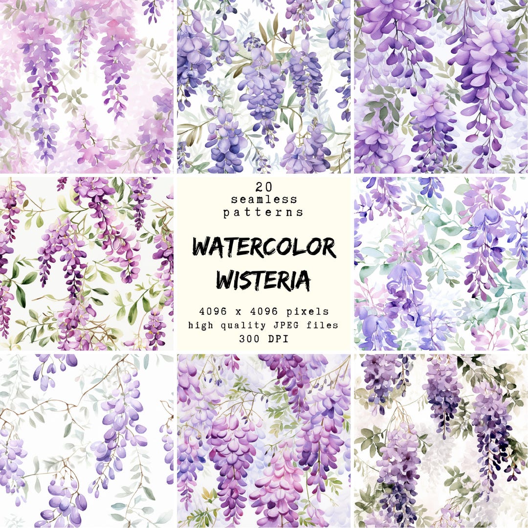 Watercolor Wisteria Pattern - Digital Paper - 20 Seamless Patterns for ...