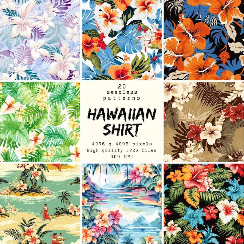 Hawaiian Shirt Pattern: Tropical Floral Digital Paper (20 Seamless ...