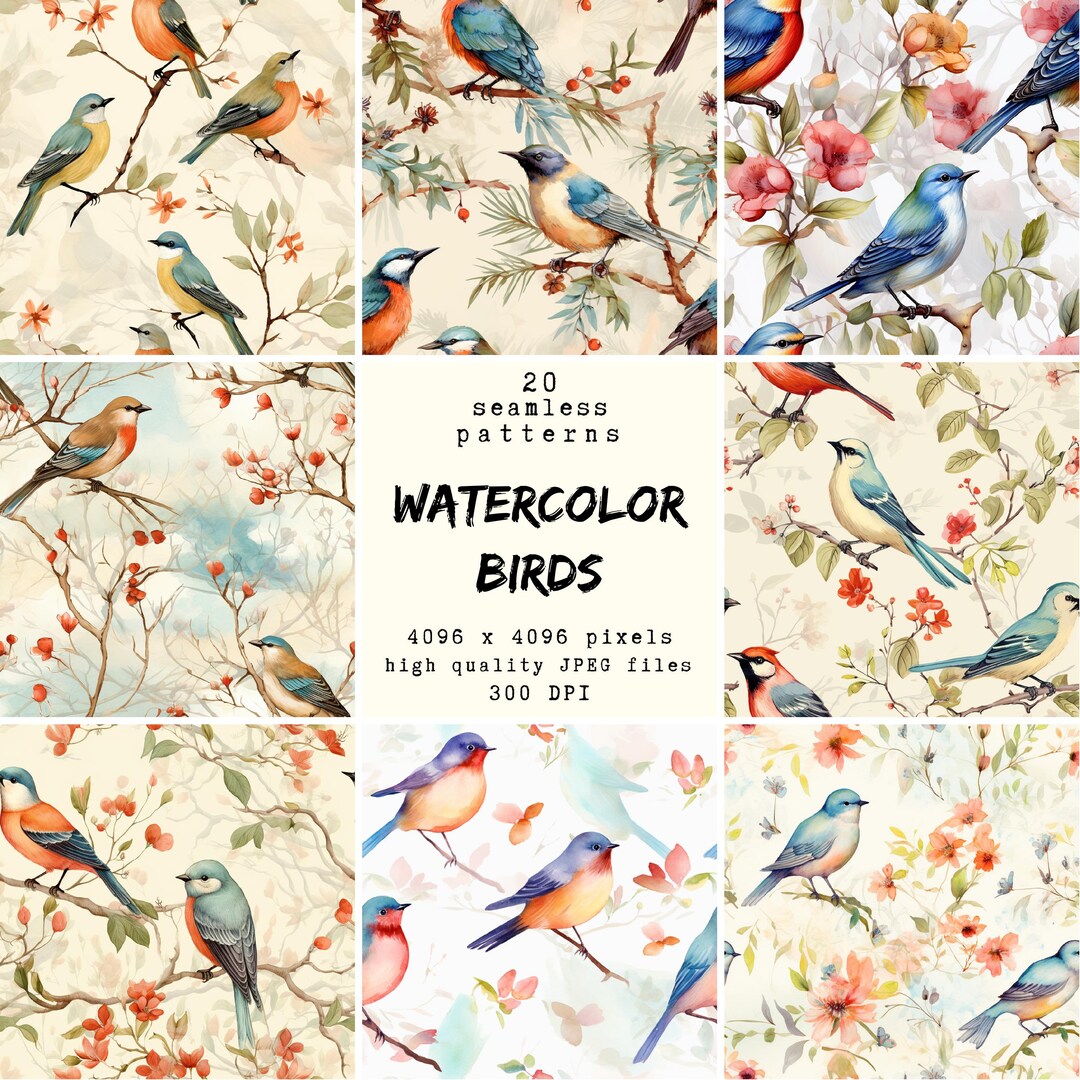 Watercolor Birds Pattern - Digital Paper - 20 Seamless Patterns for ...