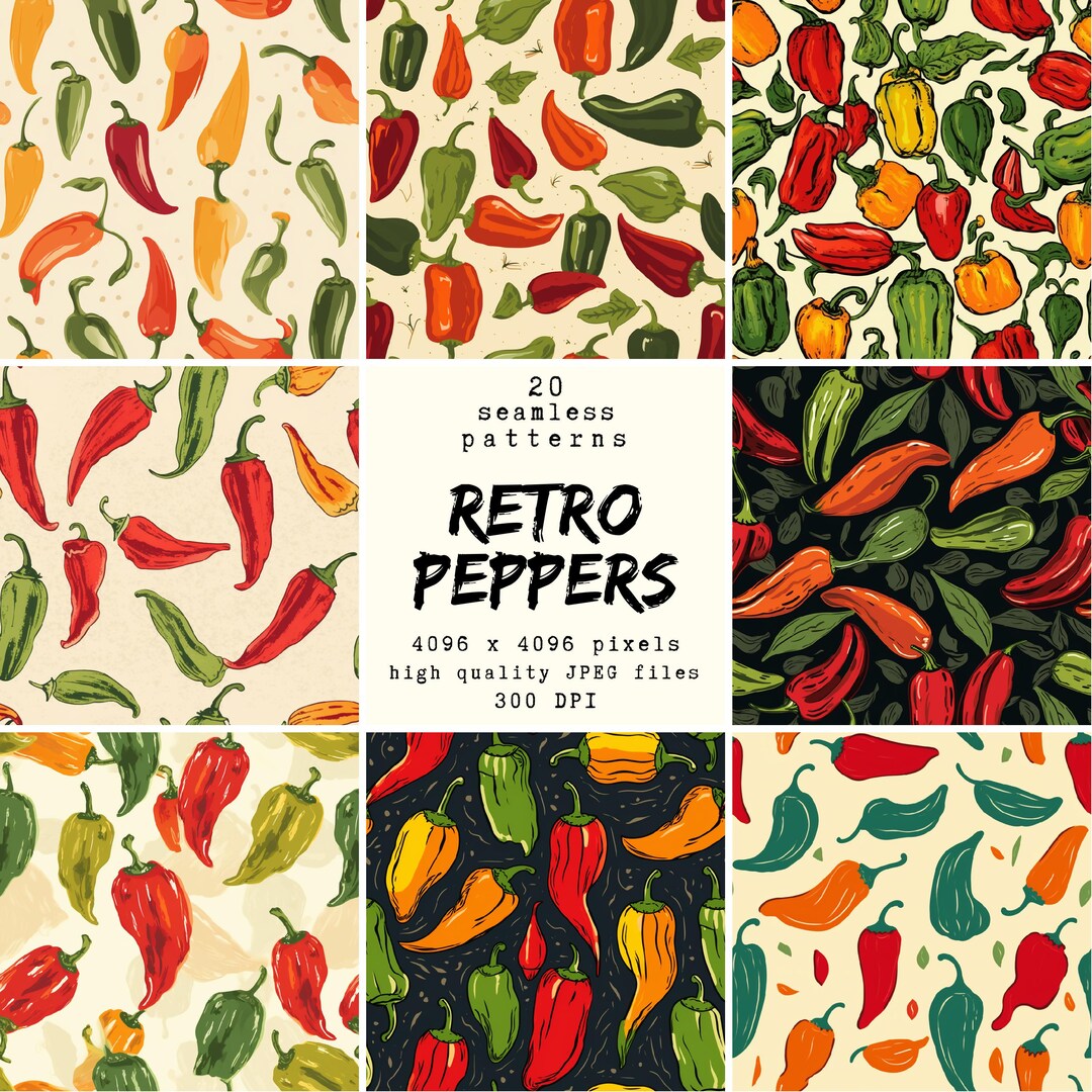 Retro Peppers Pattern - Digital Paper - 20 Seamless Patterns for Crafts ...
