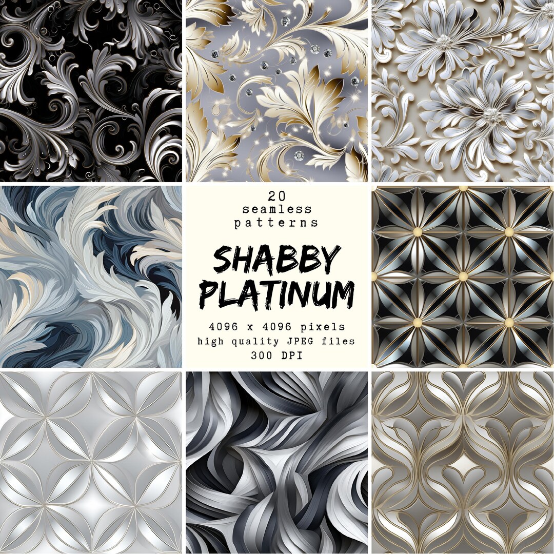 Shabby Platinum Digital Paper: 20 Seamless Floral & Geometric Patterns ...