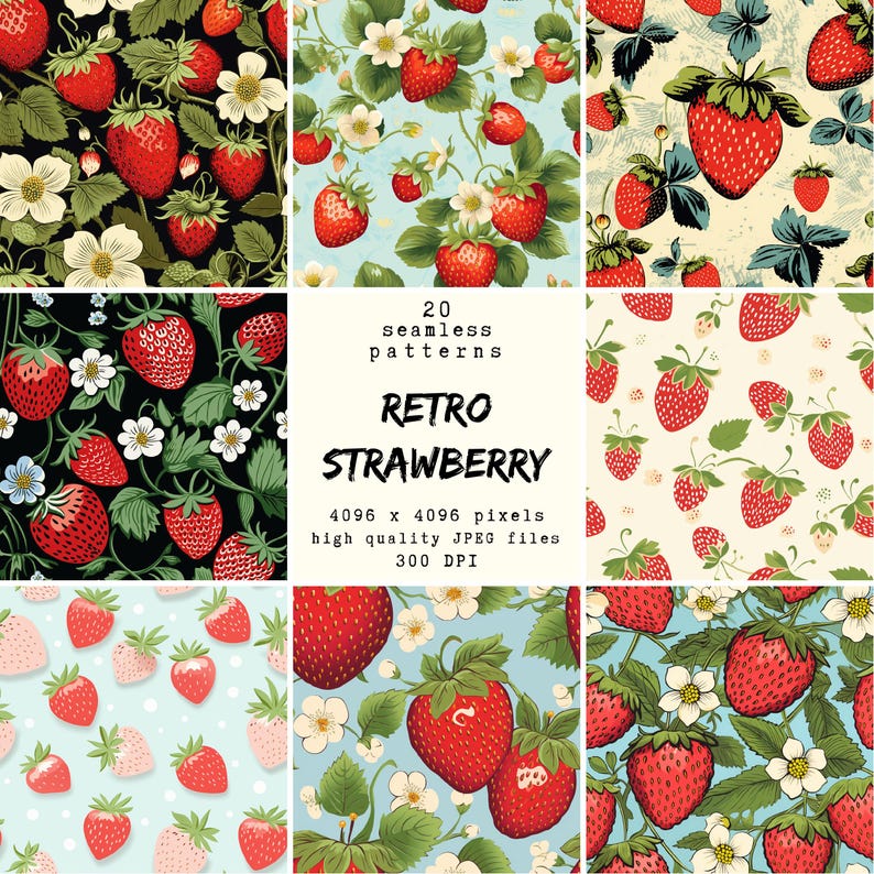 Retro Strawberry Pattern: 20 Seamless Digital Papers (print Ready) - Etsy