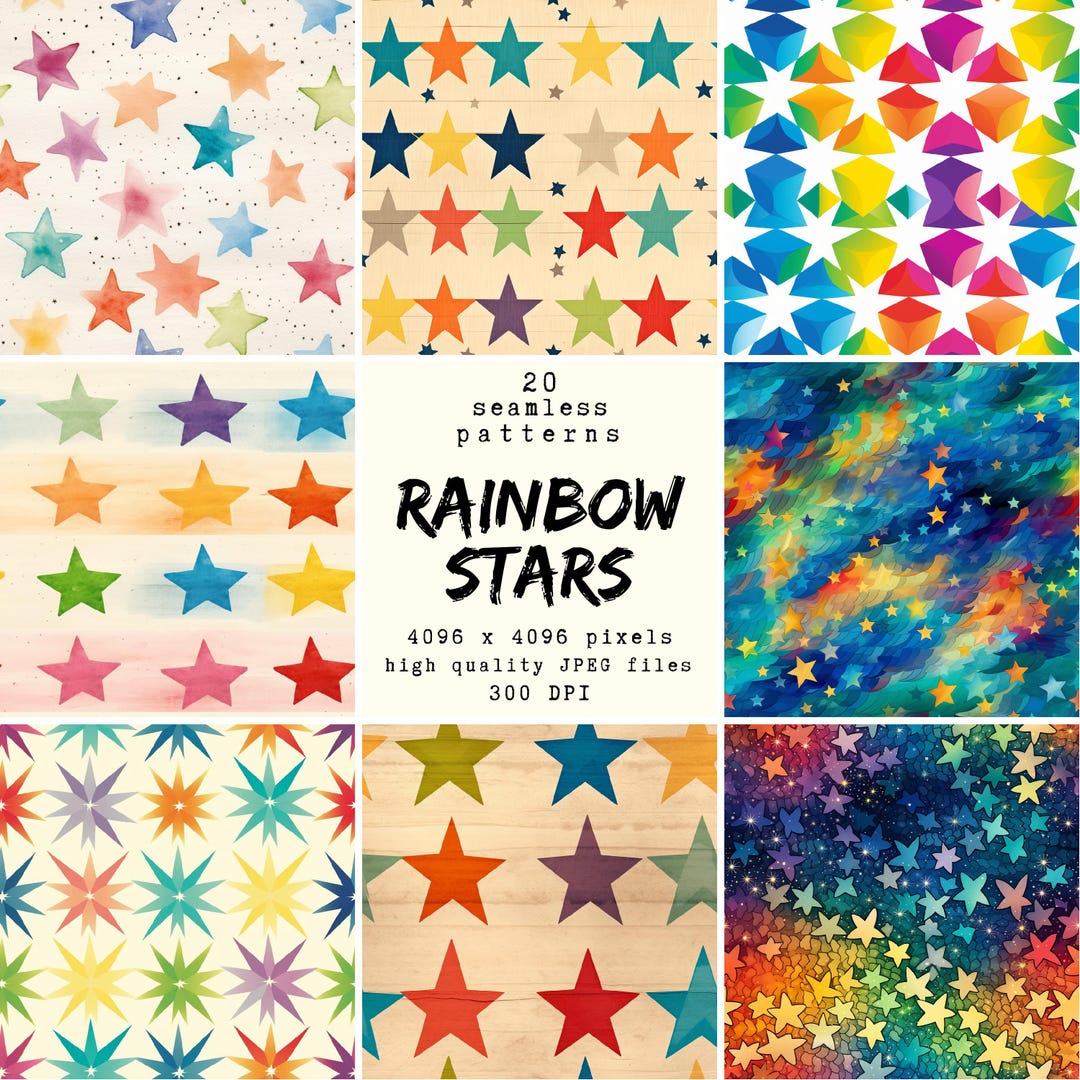 Rainbow Stars Pattern - Digital Paper - 20 Seamless Patterns for Crafts ...