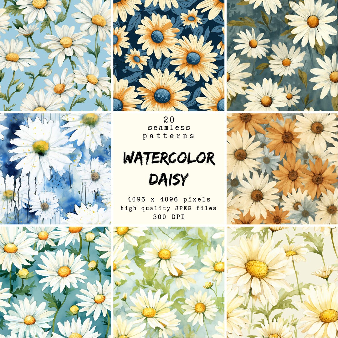 Watercolor Daisy Pattern - Digital Paper - 20 Seamless Patterns for ...