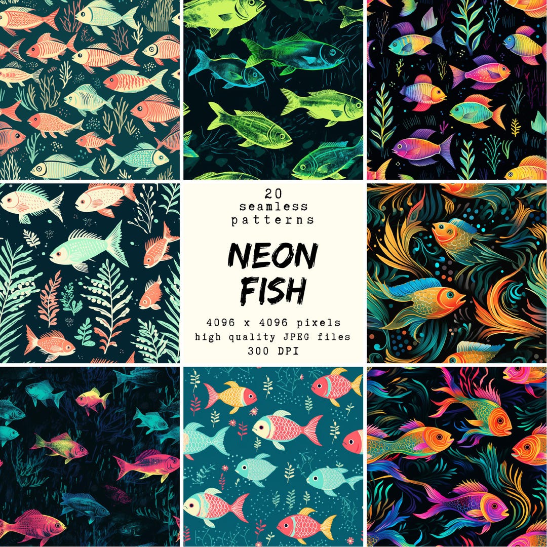 Neon Fish - Digital Paper - 20 Seamless Patterns for Crafts and ...