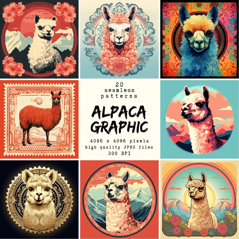 Alpaca Graphic Digital Paper 20 Seamless Patterns for Crafts and ...