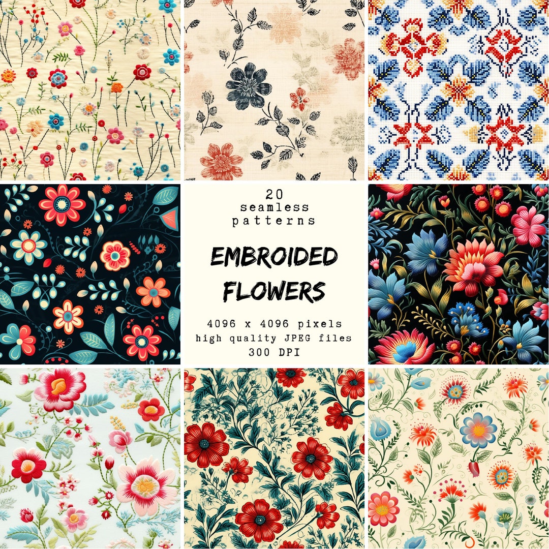 Embroided Flowers - Digital Paper - 20 Seamless Patterns for Crafts and ...