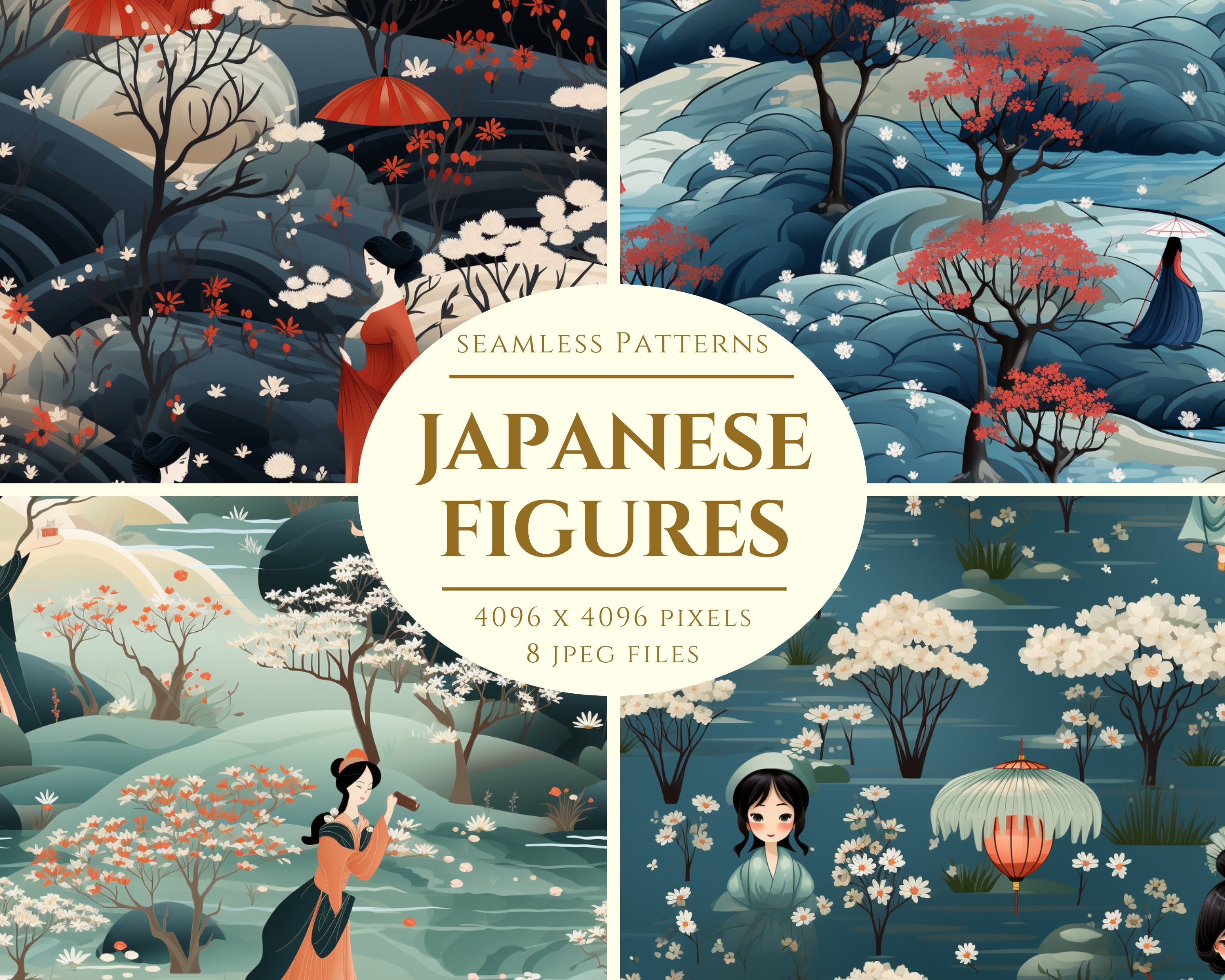 Japanese Figures Digital Paper: Seamless Craft Patterns (JPEG) - Etsy