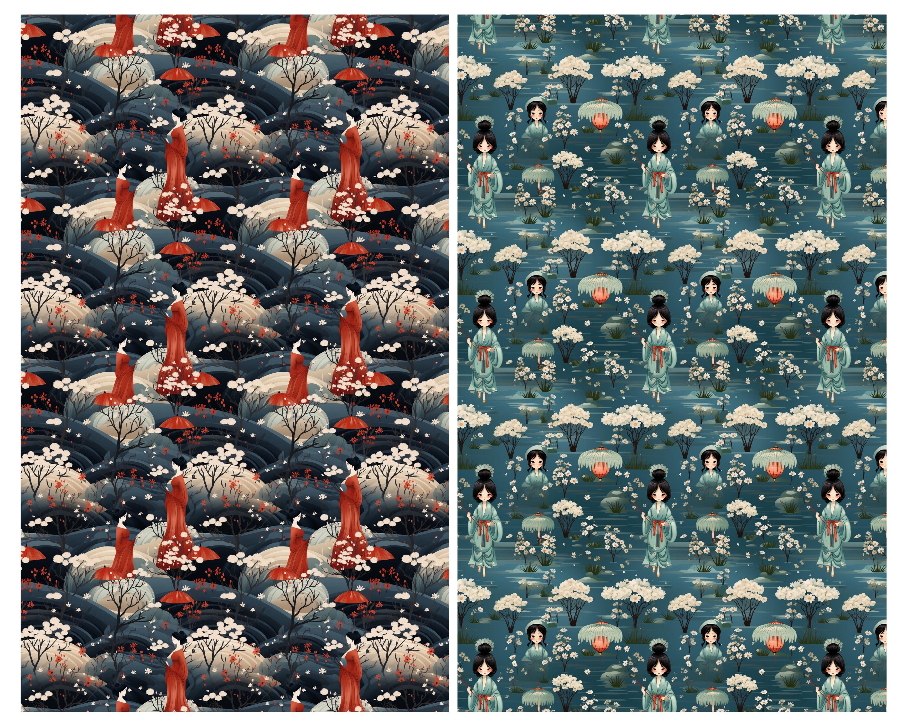 Japanese Figures Digital Paper Seamless Patterns for Crafts and ...