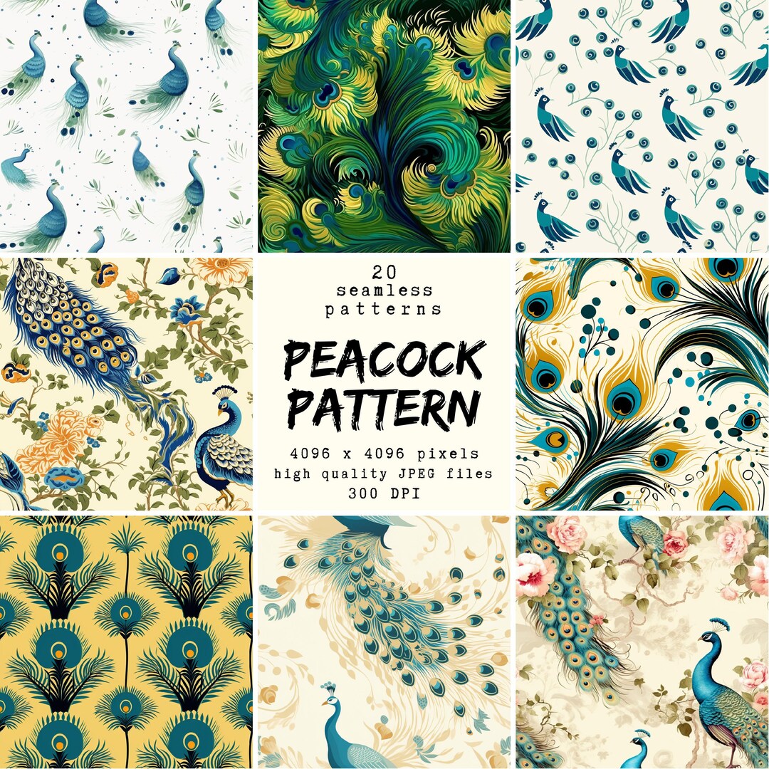 Peacock Pattern - Digital Paper - 20 Seamless Patterns for Crafts and ...