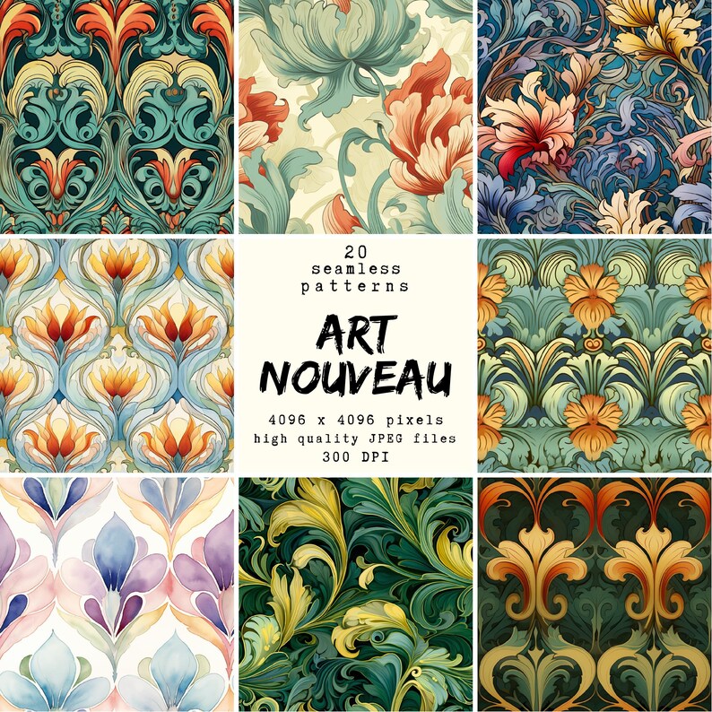 Art Nouveau Seamless Patterns: Floral Digital Paper (20 Designs) - Etsy