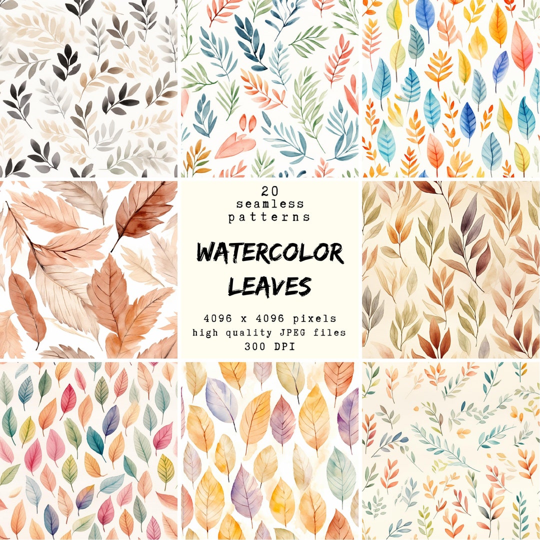 Watercolor Leaves Pattern - Digital Paper - 20 Seamless Patterns for ...
