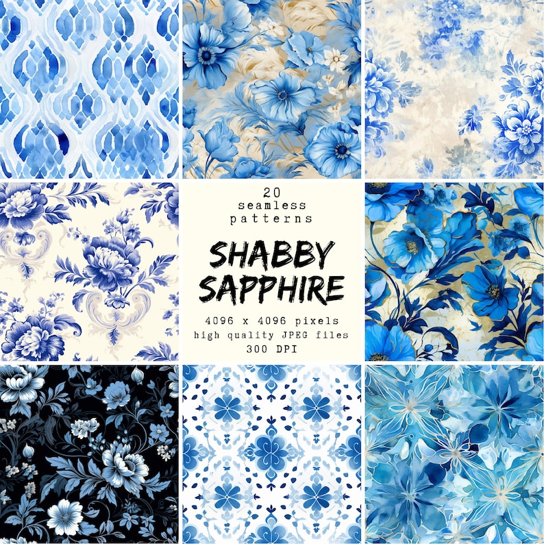 Shabby Sapphire Digital Paper 20 Seamless Patterns for - Etsy
