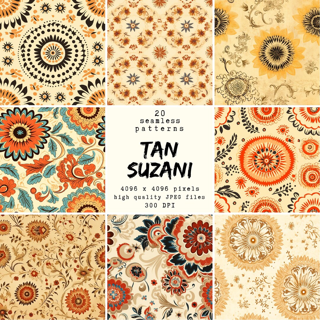 Tan Suzani Pattern: 20 Seamless Digital Papers (4096x4096 Px) - Etsy