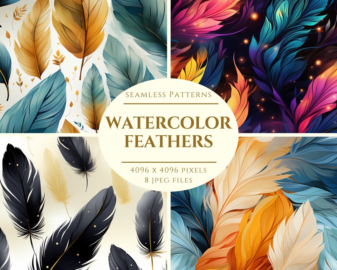 Watercolor Feathers Digital Paper - Seamless Patterns for Crafts and ...