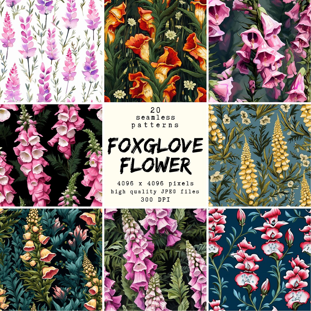 Foxglove Flower - Digital Paper - 20 Seamless Patterns for Crafts and ...