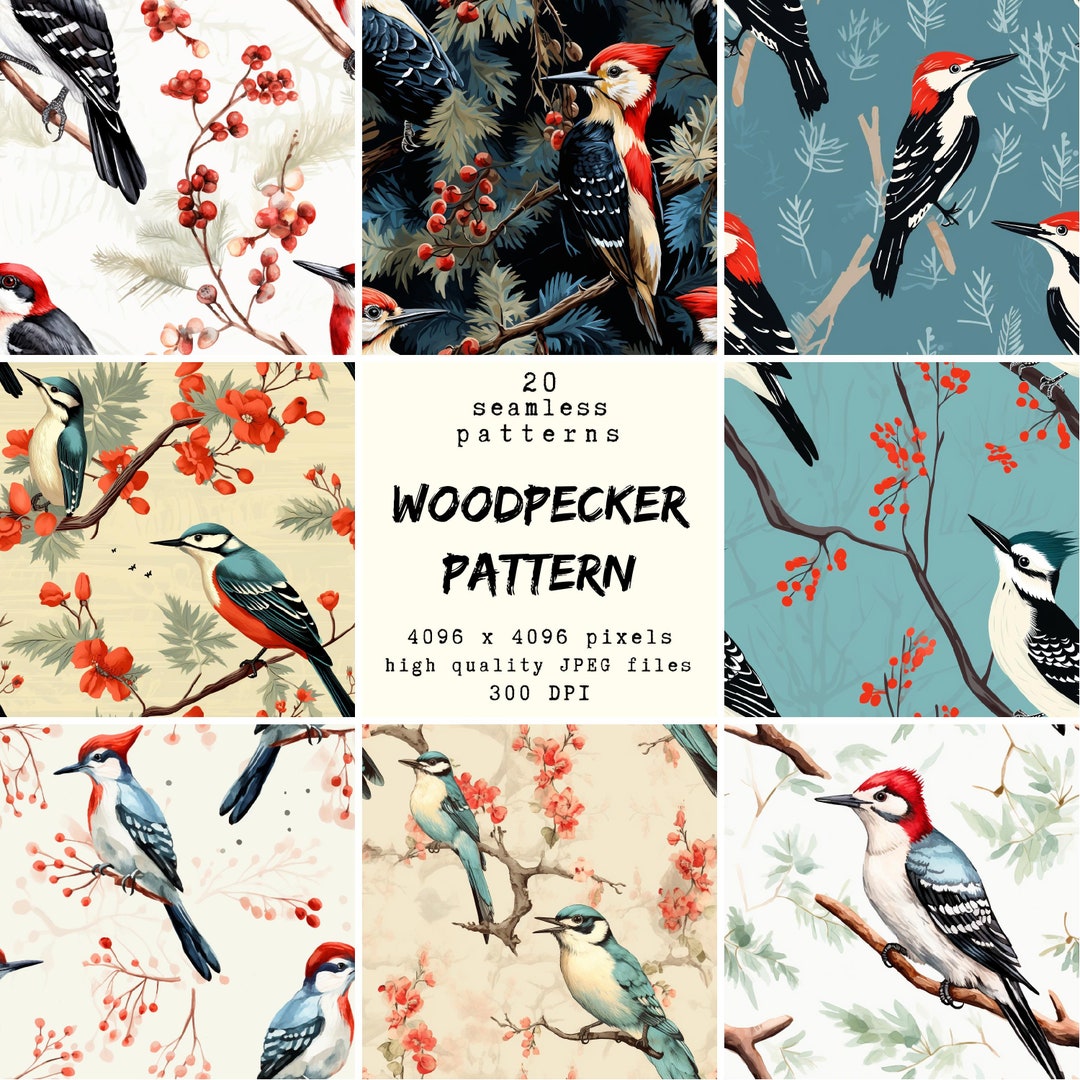 Woodpecker Pattern Digital Paper: 20 Seamless Print-ready Designs (JPEG ...