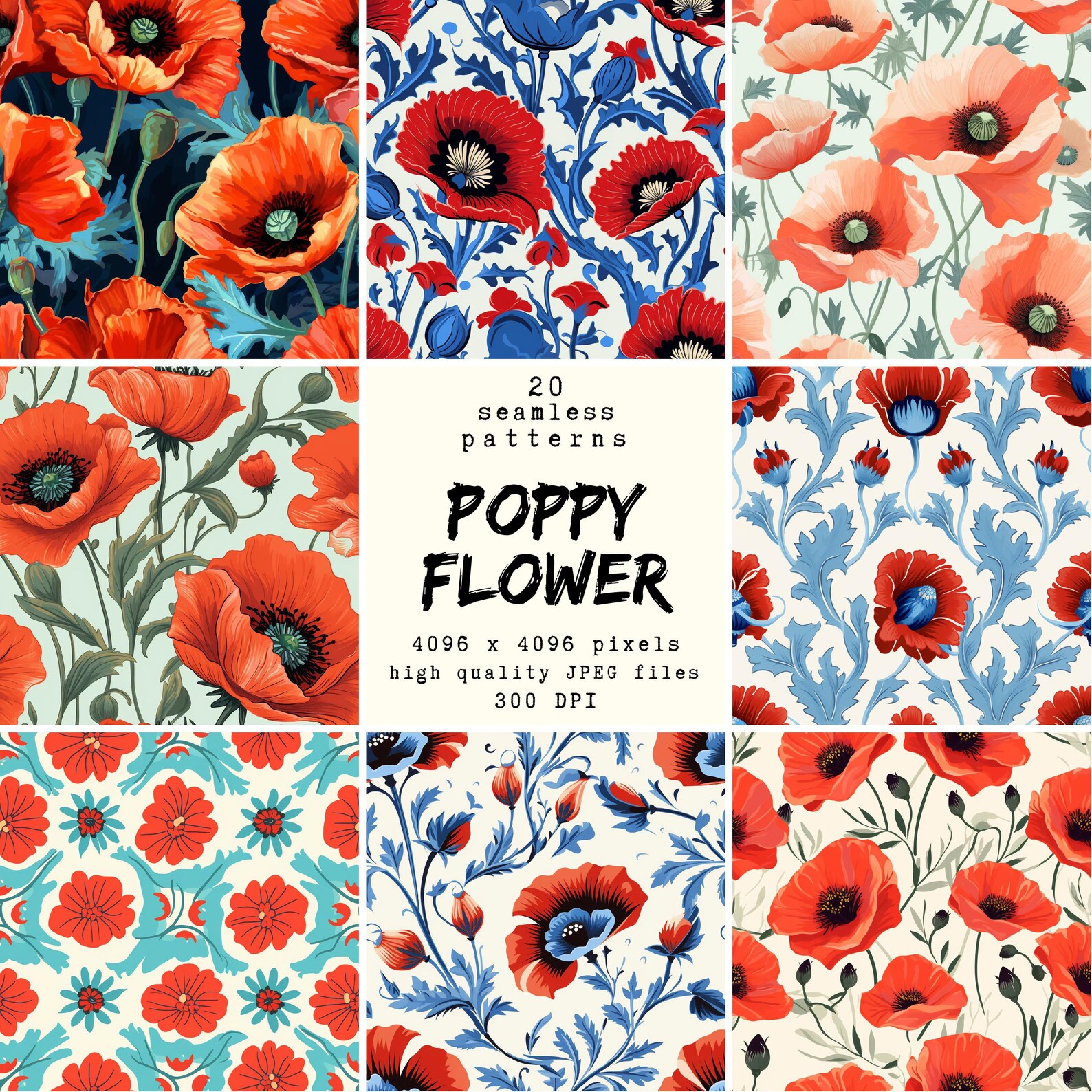 Poppy Flower Digital Paper 20 Seamless Patterns for Crafts - Etsy
