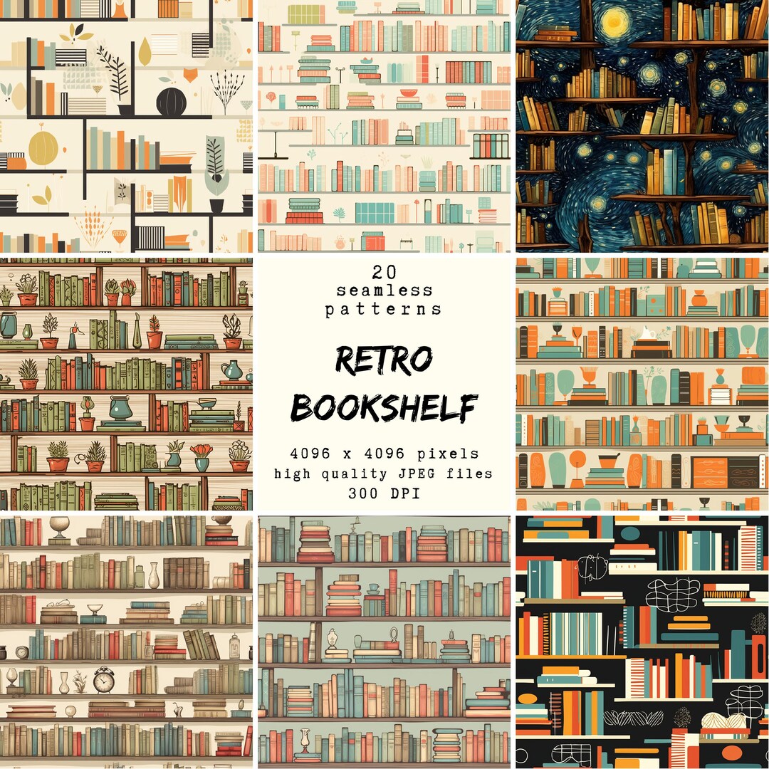 Retro Bookshelf Pattern - Digital Paper - 20 Seamless Patterns for ...