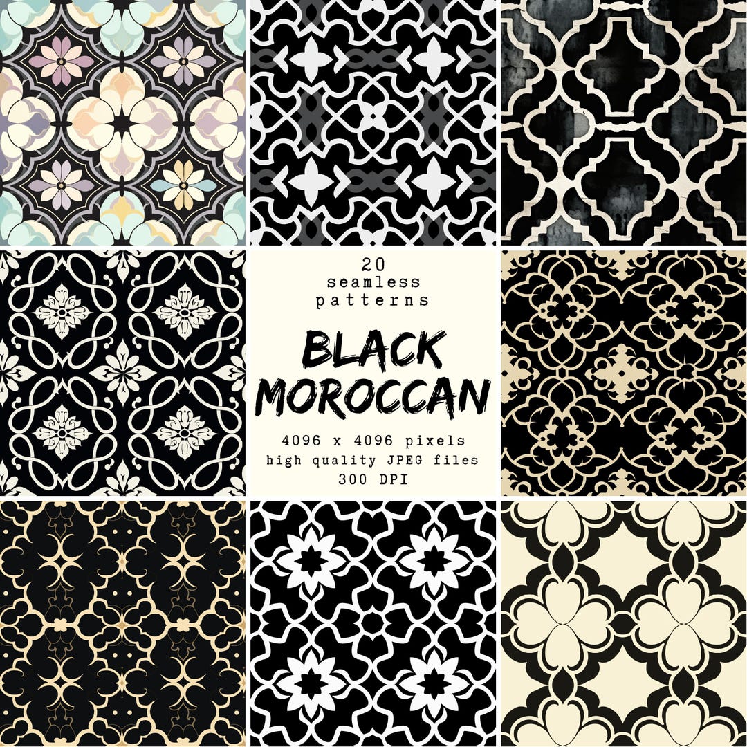 Black Moroccan Pattern Digital Paper: Seamless Print-ready Designs (20 ...