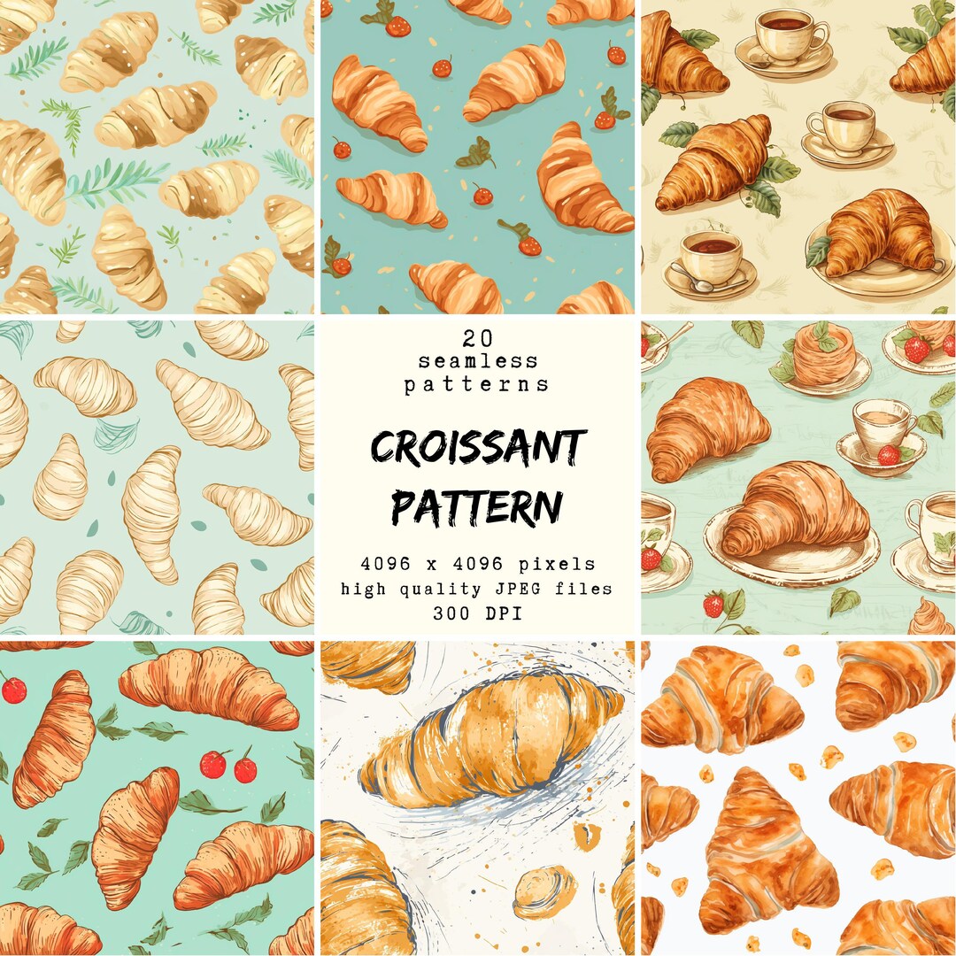 Croissant Pattern Digital Paper: 20 Seamless Print Designs (POD ...