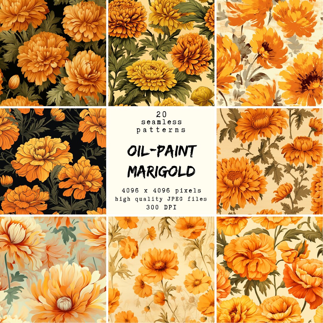 Oil-paint Marigold Pattern - Digital Paper - 20 Seamless Patterns for ...