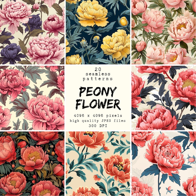 Peony Flower Digital Paper: 20 Seamless Patterns (digital Download) - Etsy
