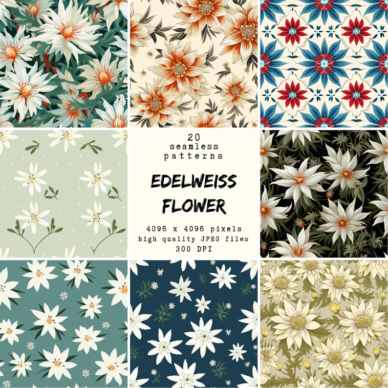 Edelweiss Flower Digital Paper: 20 Seamless Patterns (digital Download ...