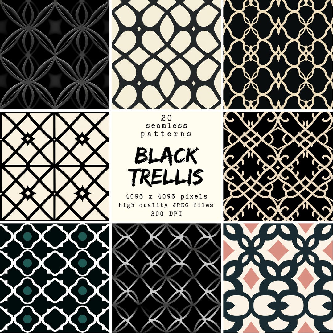 Black Trellis Digital Paper: Seamless Pattern Set (20 Designs ...