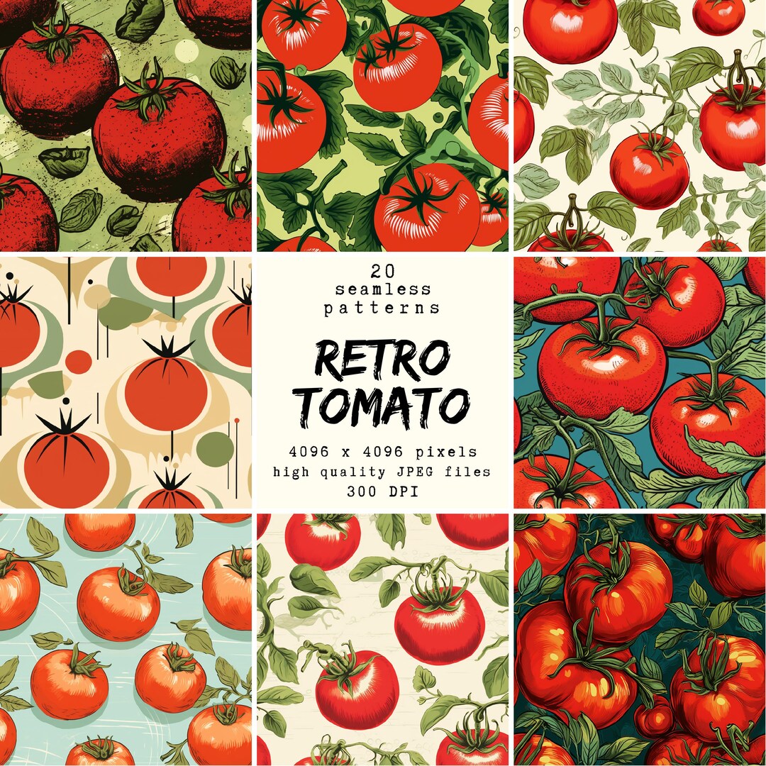 Retro Tomato Pattern - Digital Paper - 20 Seamless Patterns for Crafts ...