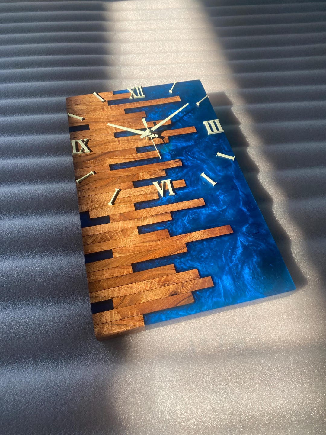 Modern Ocean Blue Epoxy Resin Wall Clock – Handmade Live Edge Wood ...
