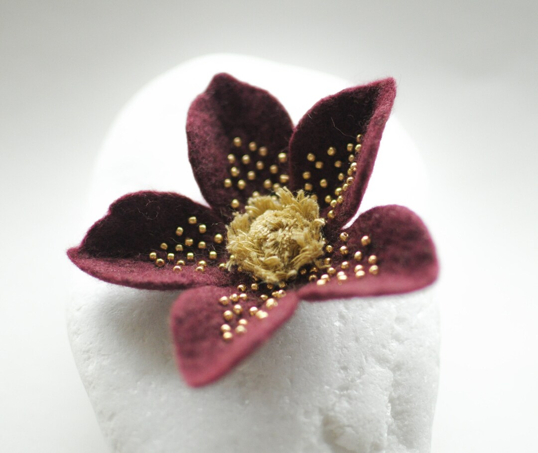 Handfelt Wine Red Hellebore Flower Brooch, Handmade Fashion Accessory ...