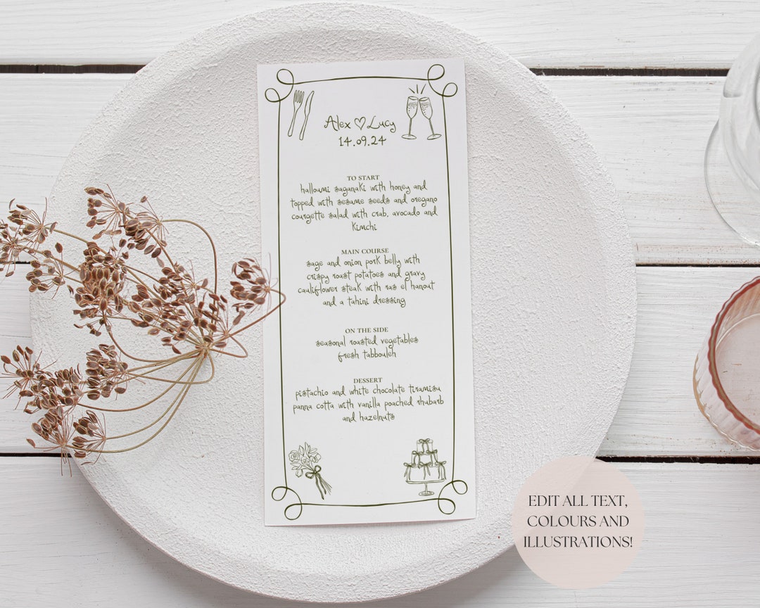 Wedding Menu Template Handwritten & Hand Drawn Doodle Illustrations ...