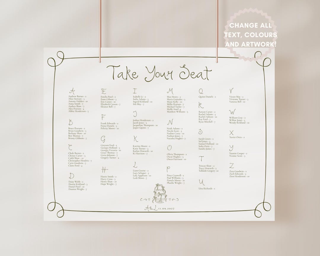 Wedding Seating Chart Alphabetical Template | Handwritten & Hand Drawn ...