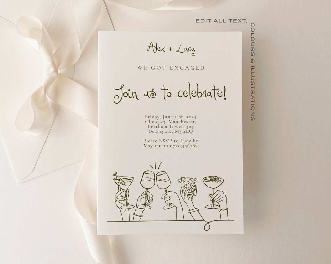 Engagement Party Invitation Template Handwritten & Hand Drawn Doodle Illustrations, Bespoke ...