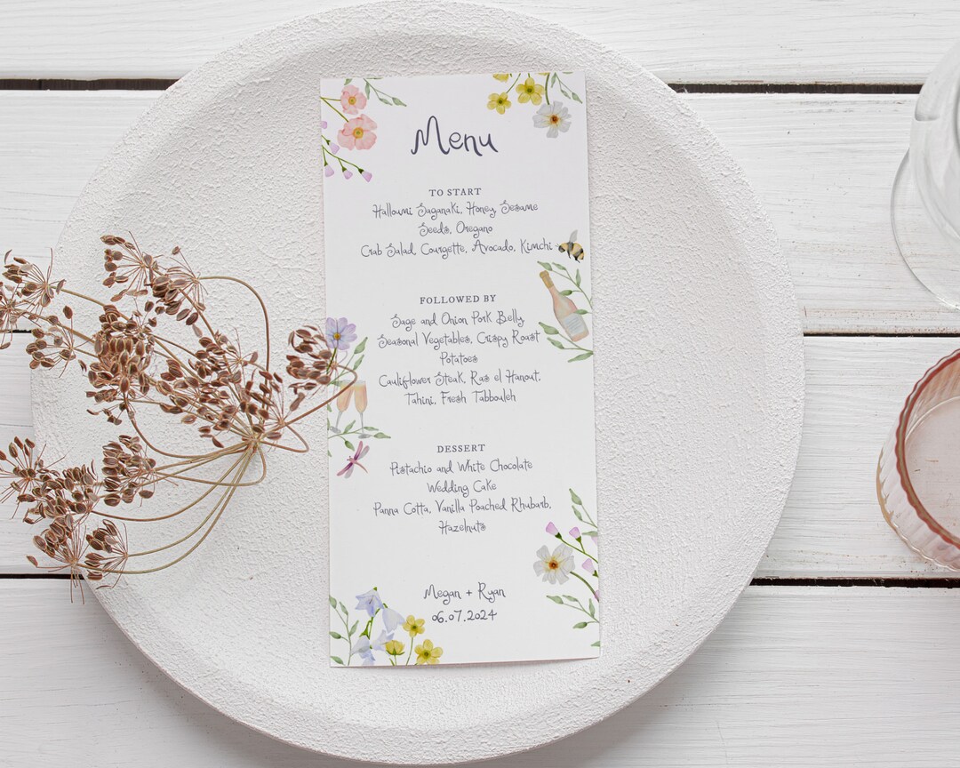 Wedding Menu Template Handwritten Menu Card Painted Dainty Watercolor ...
