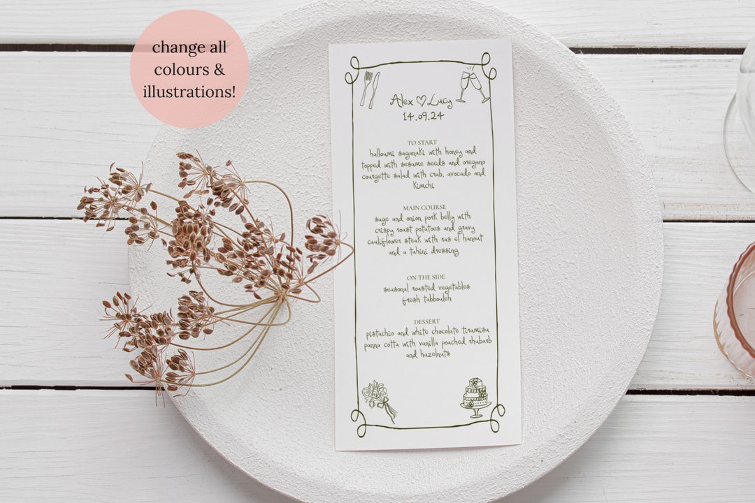 Wedding Menu Template Handwritten & Hand Drawn Doodle Illustrations ...