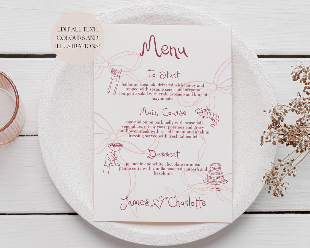 Wedding Menu Template Handwritten Script Hand Drawn Bow Details ...