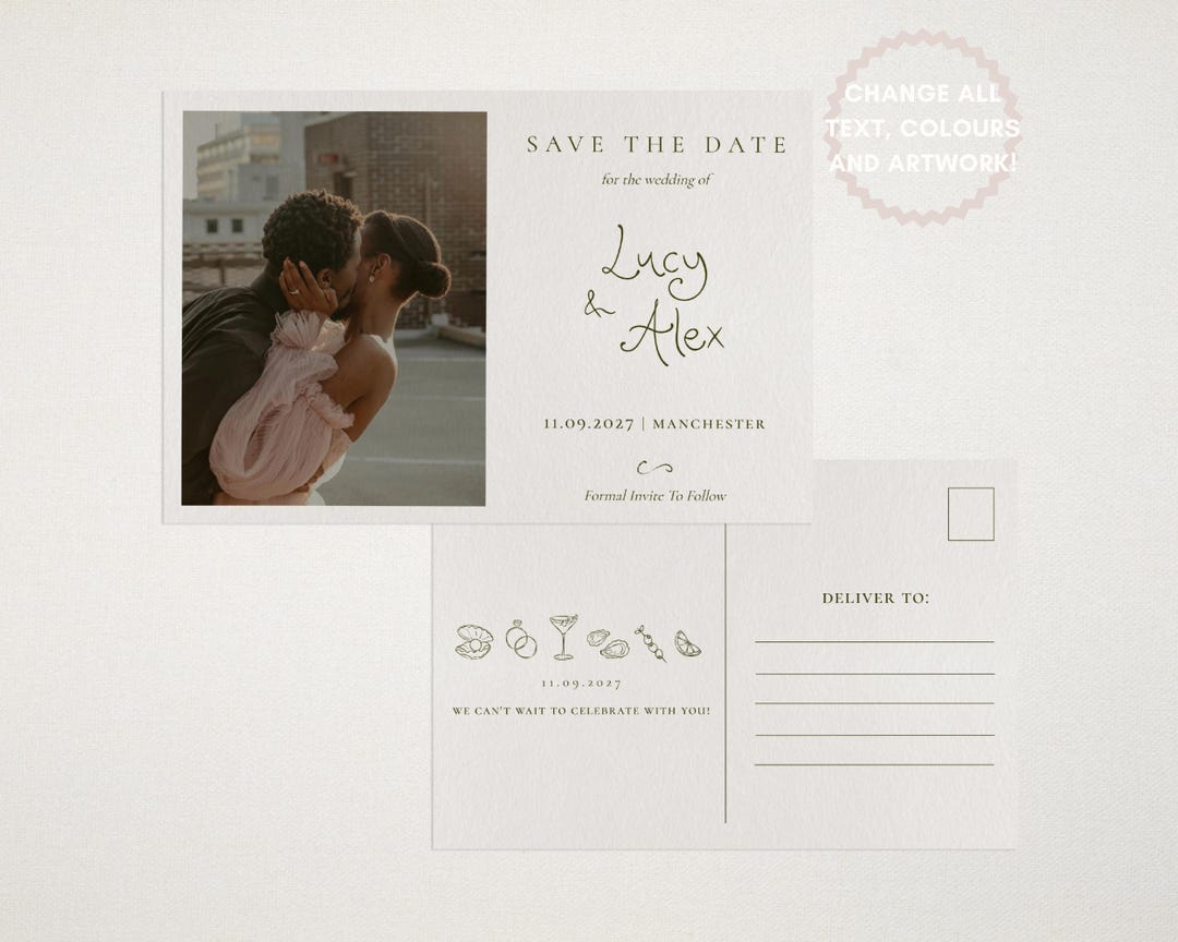 Photo Save the Date Postcard Template | Hand Drawn Illustrations Double ...