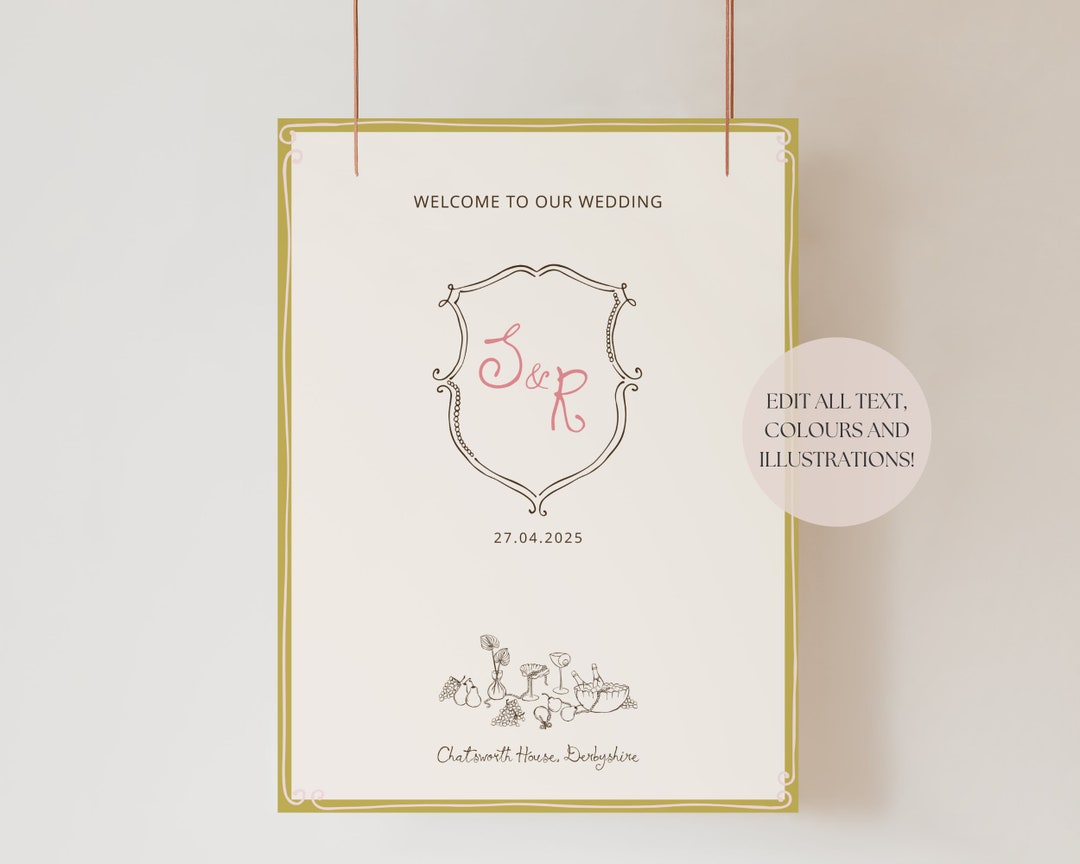 Hand Drawn Wedding Welcome Sign Template Handwritten Illustrated Sign ...