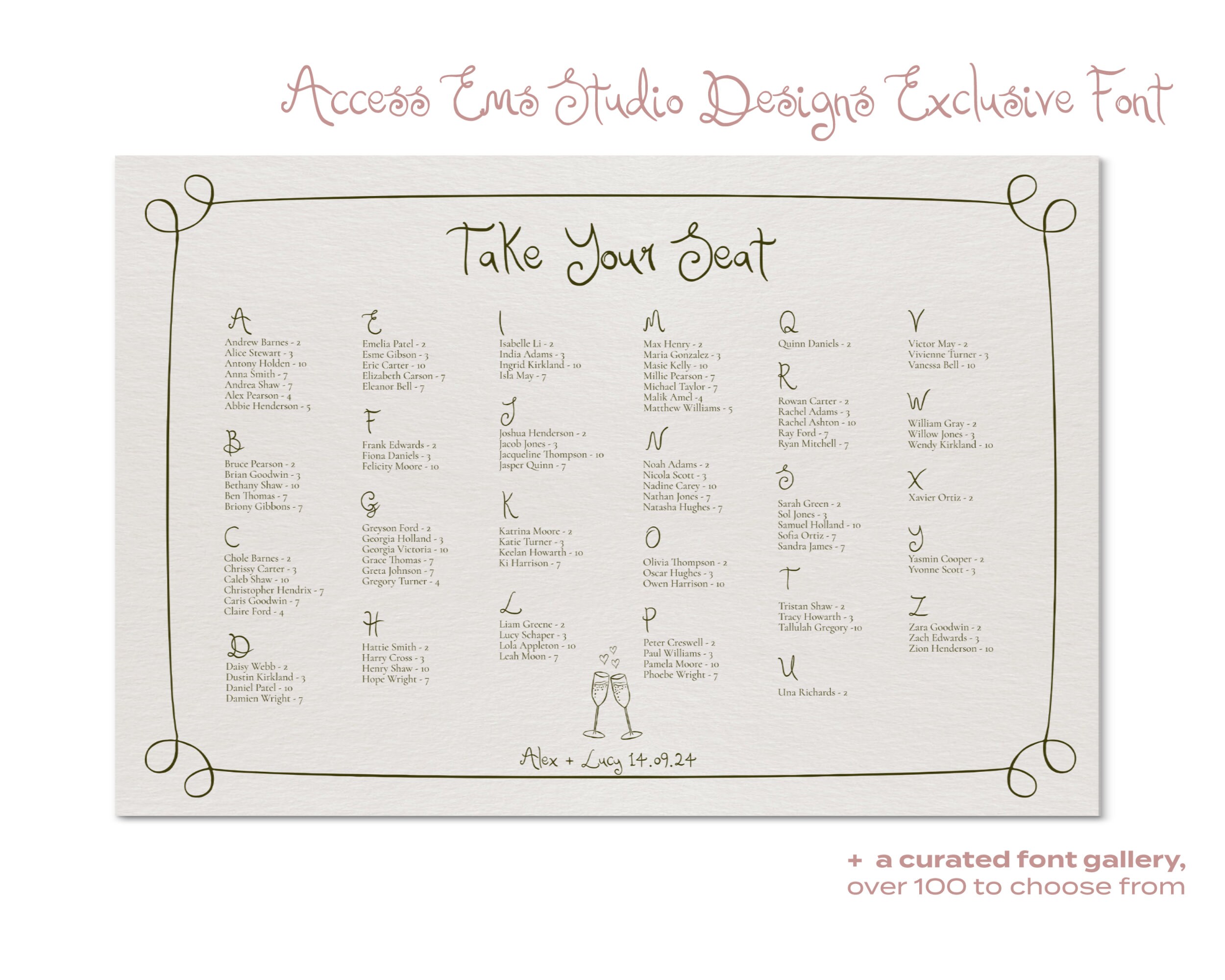 Wedding Seating Chart Alphabetical Template Handwritten & Hand Drawn ...