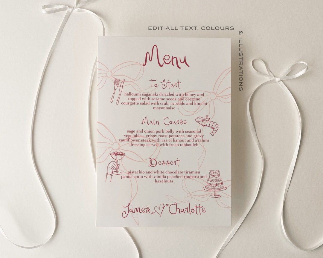 Wedding Menu Template Handwritten Script Hand Drawn Bow Details ...