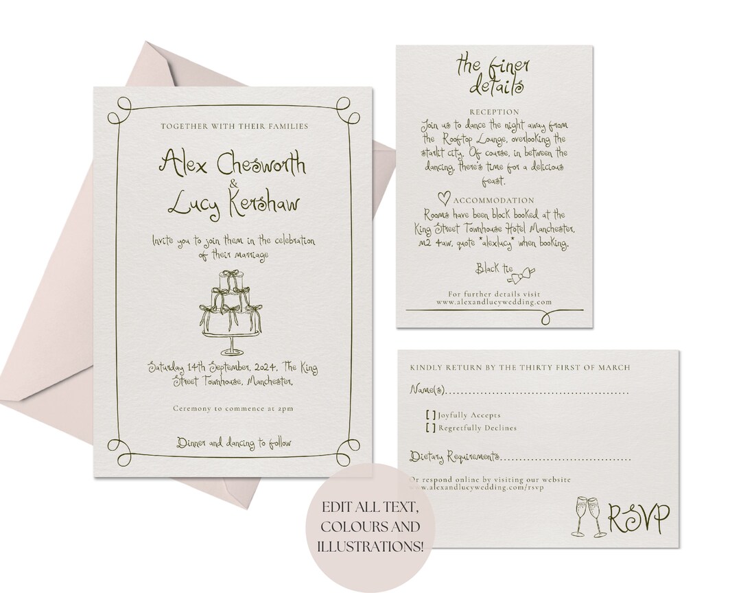 Wedding Invitation Suite Template Handwritten & Hand Drawn Doodle ...
