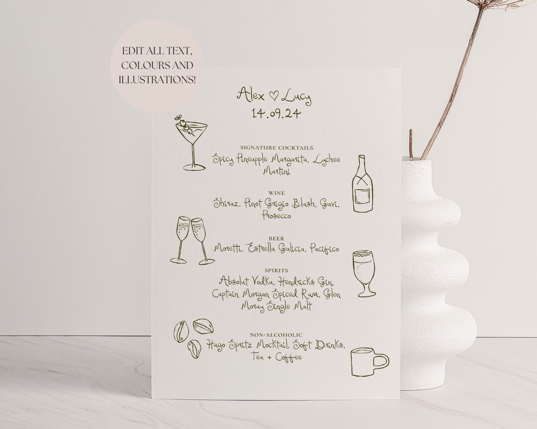 Wedding Bar Menu Template Handwritten & Hand Drawn Doodle Illustrations ...